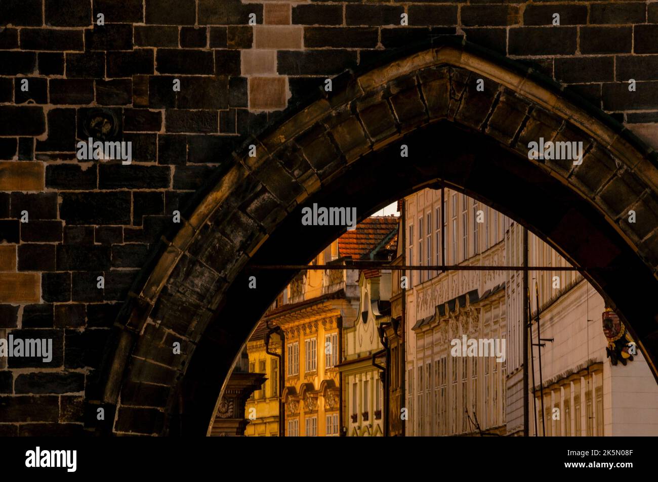 Gothic arch of the Lesser Bridge Tower on the Charles Bridge in Prague ...