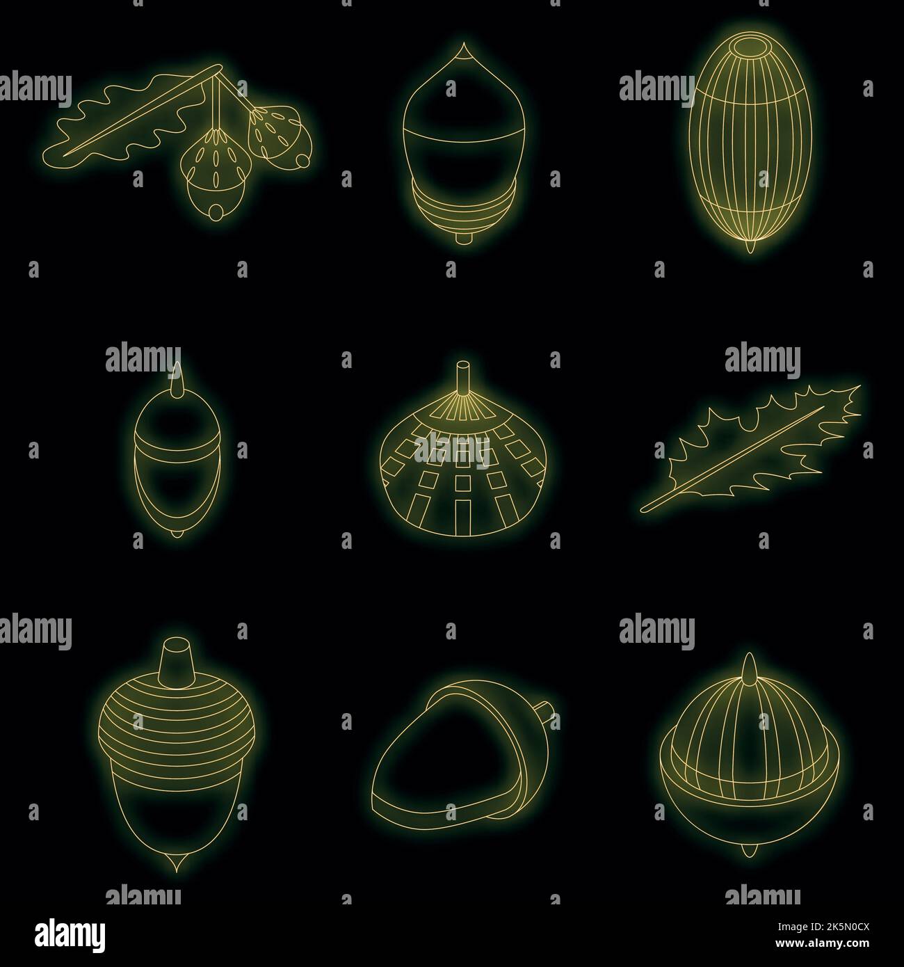 Acorn icons set. Isometric set of acorn vector icons neon color on ...