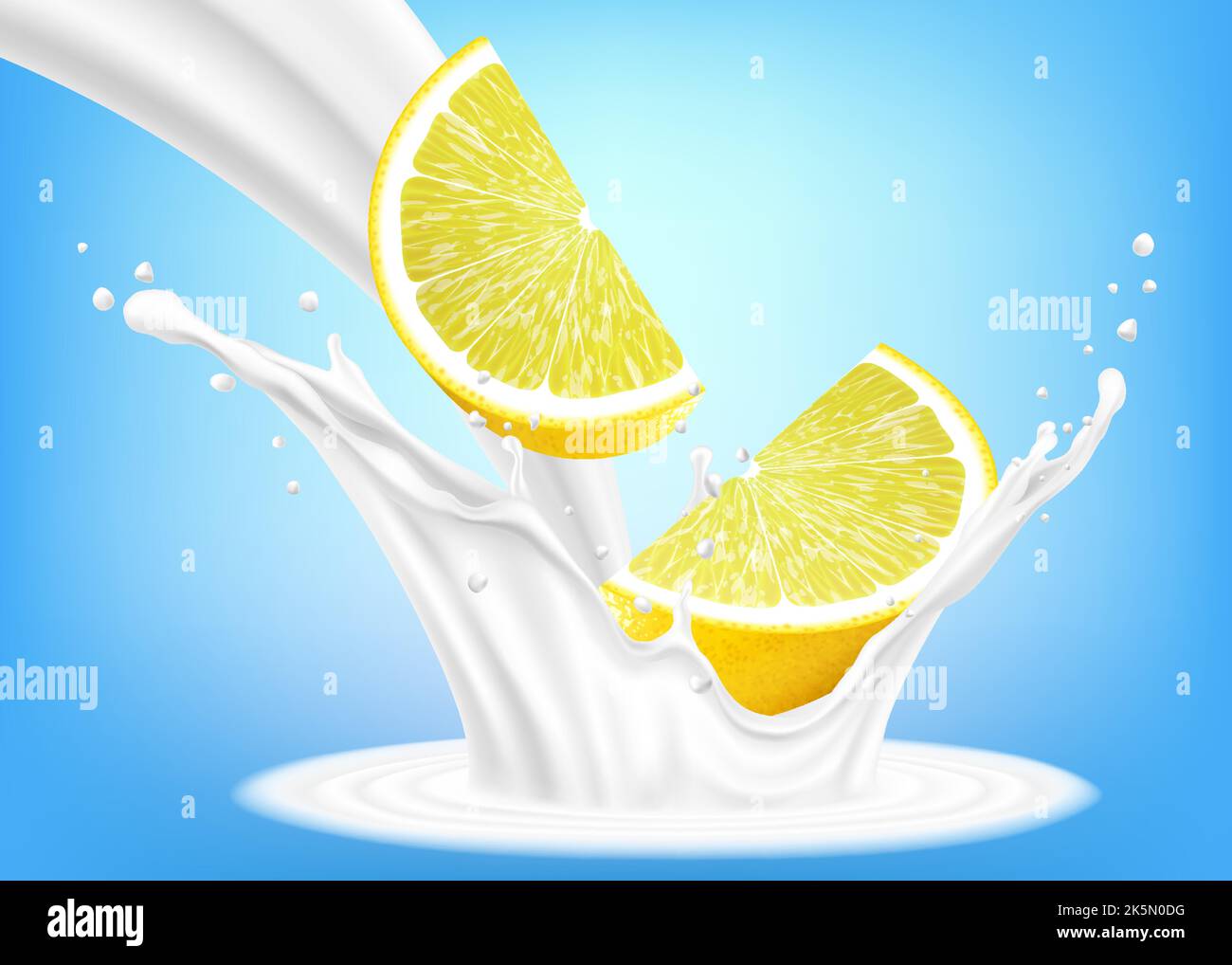 Lemon fruit in milk or yoghurt splash. Fresh lemon slices falls into ...