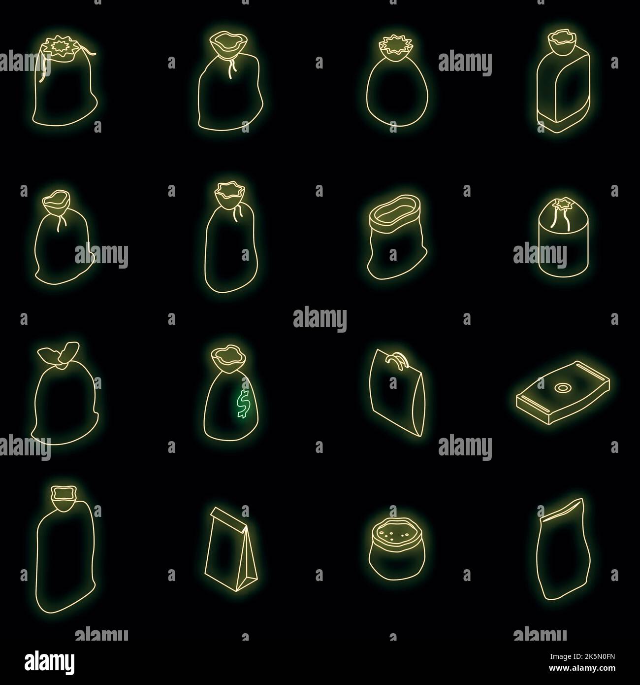 Sack icons set. Isometric set of sack vector icons neon color on black ...