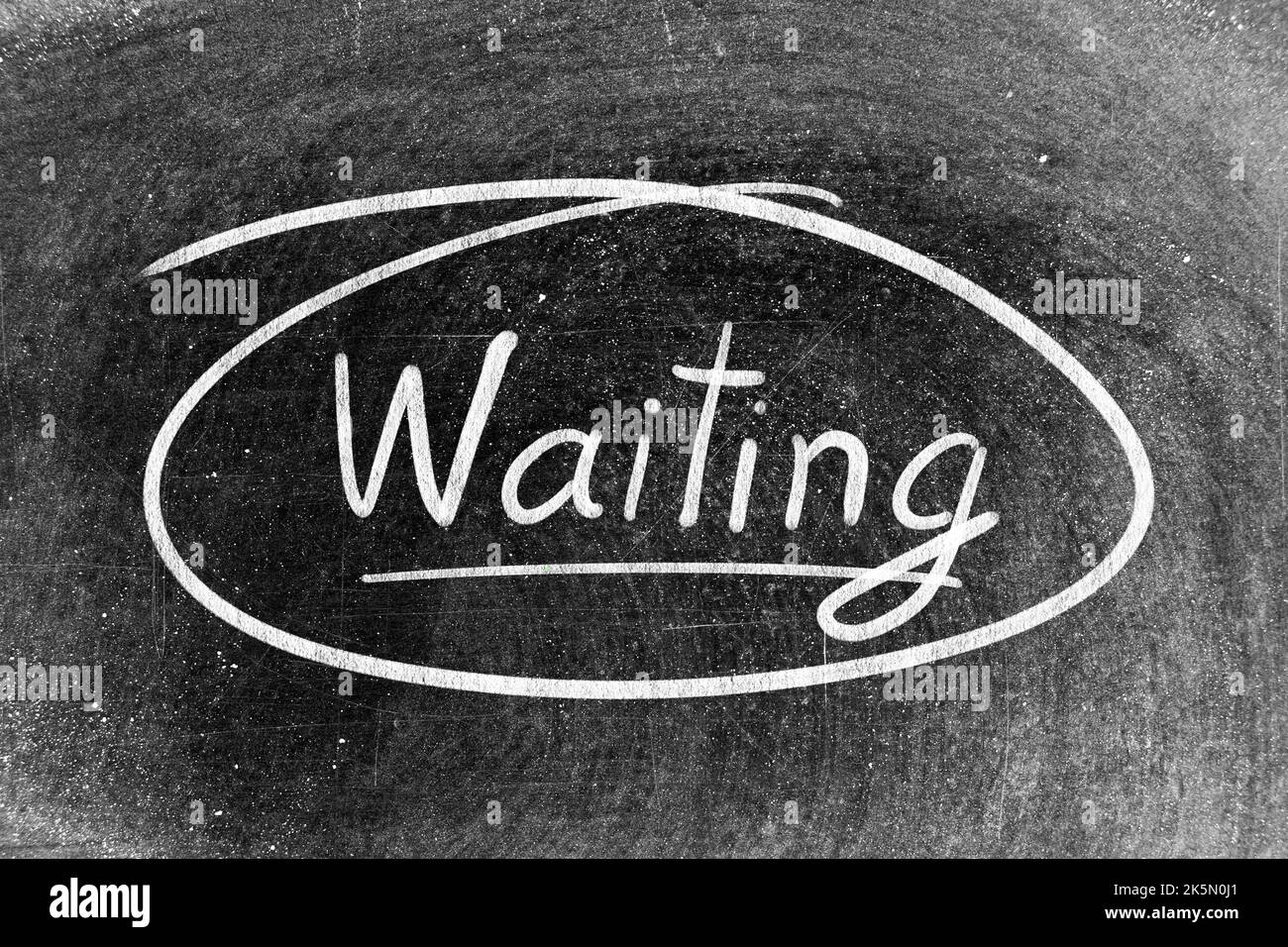 White chalk hand writing in word waiting and circle shape on blackboard ...