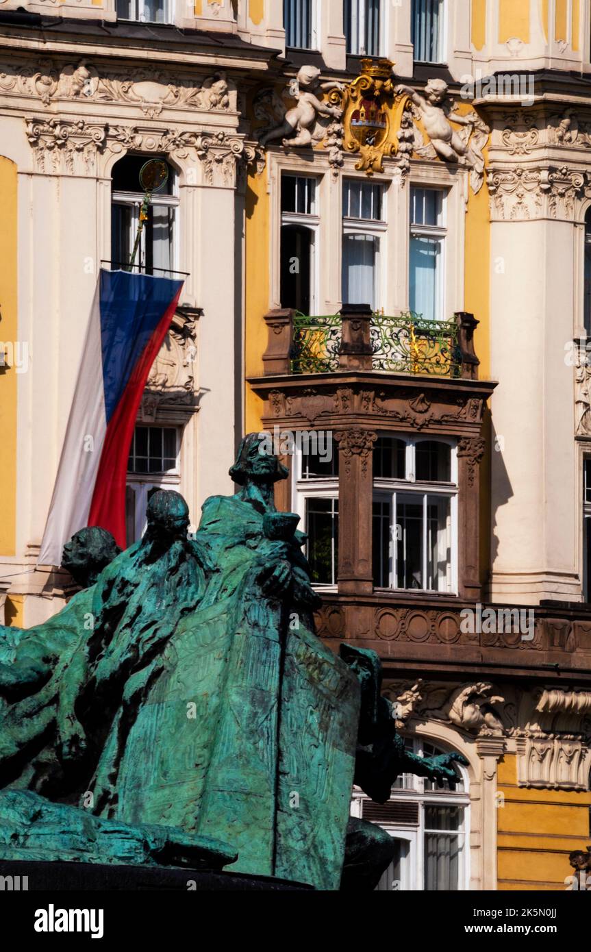 Prague flag, Neo-Baroque architecture and Jan Hus Memorial, Old Town ...