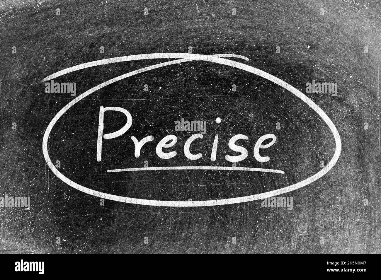 White chalk hand writing in word precise and circle shape on blackboard ...