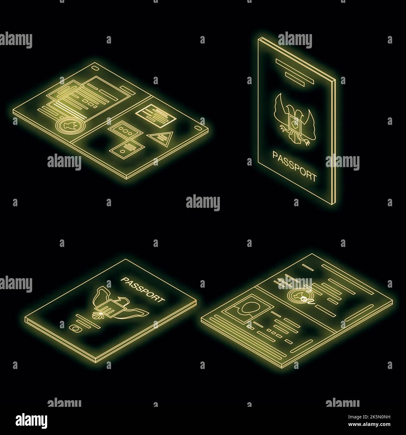 Passport icons set. Isometric set of passport vector icons neon color ...