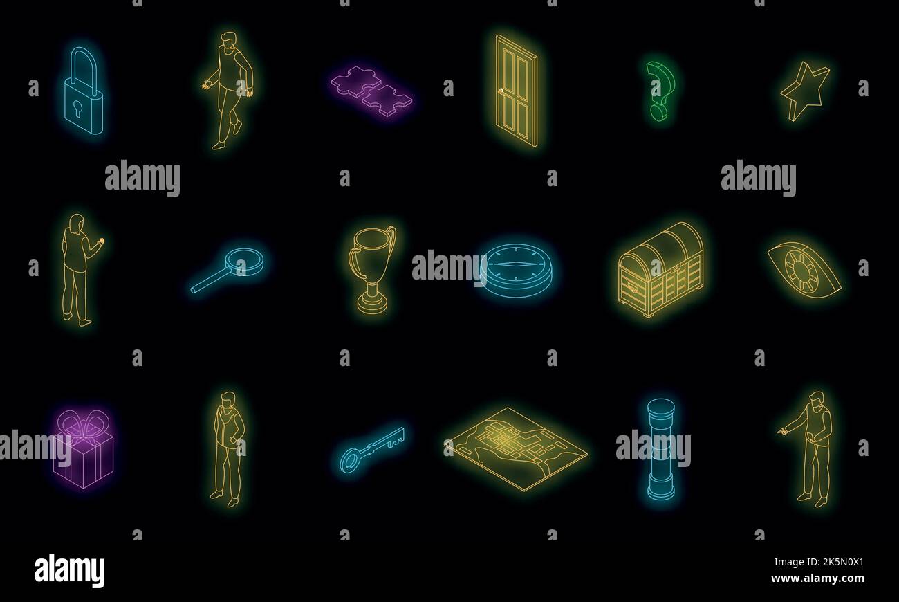 Quest icons set. Isometric set of quest vector icons neon color on ...