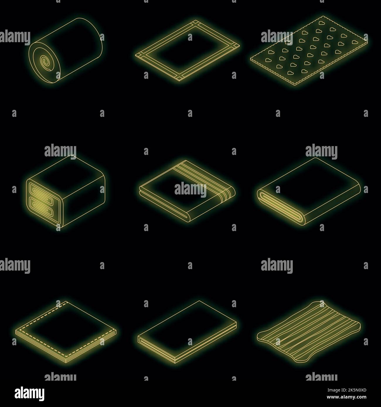 Blanket icons set. Isometric set of blanket vector icons neon color on ...