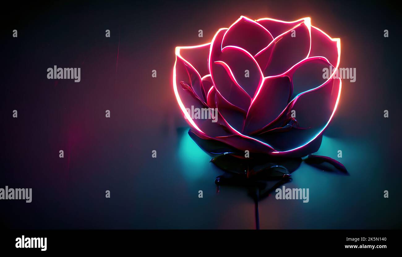 Fantasy magical dark background with magic rose flower reflection neon ...