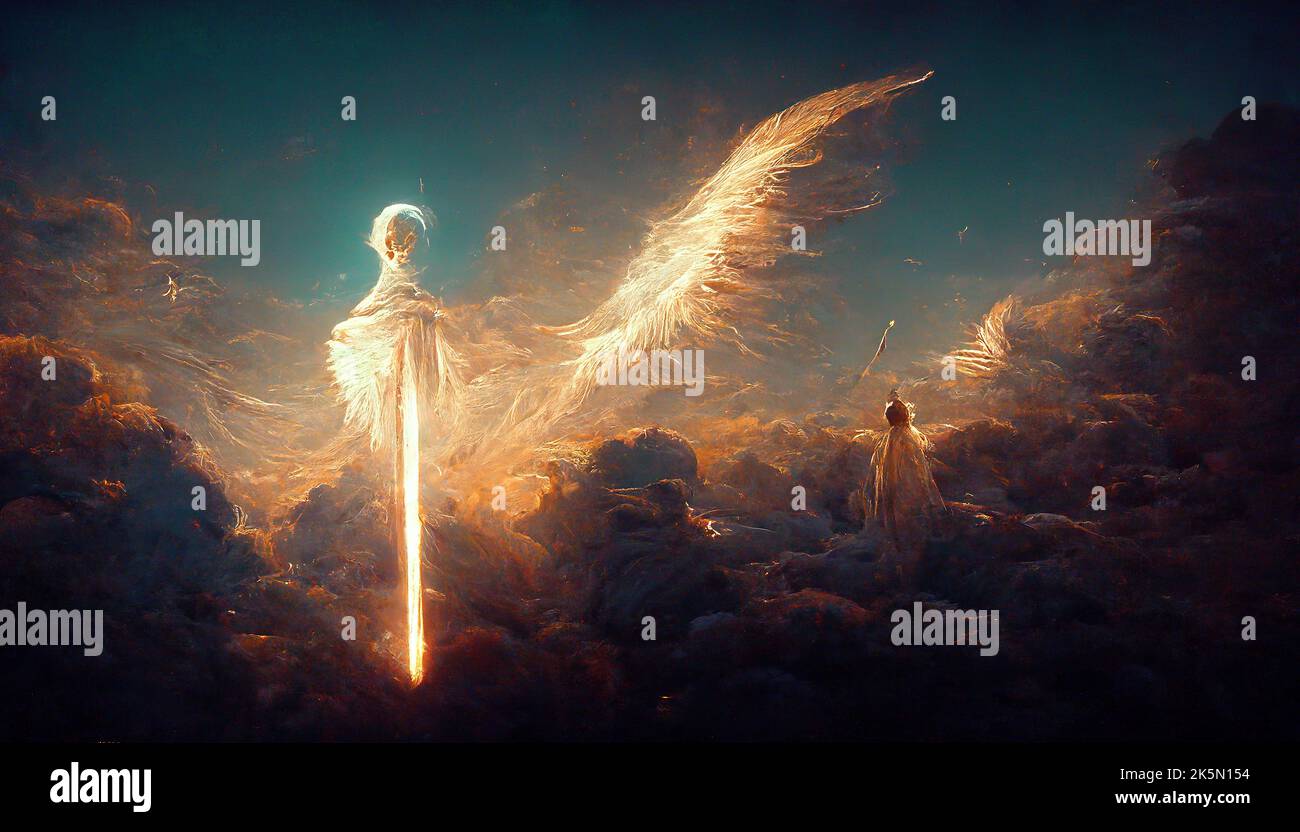 Beautiful illuminated light shining wings angel holding flaming sword ...