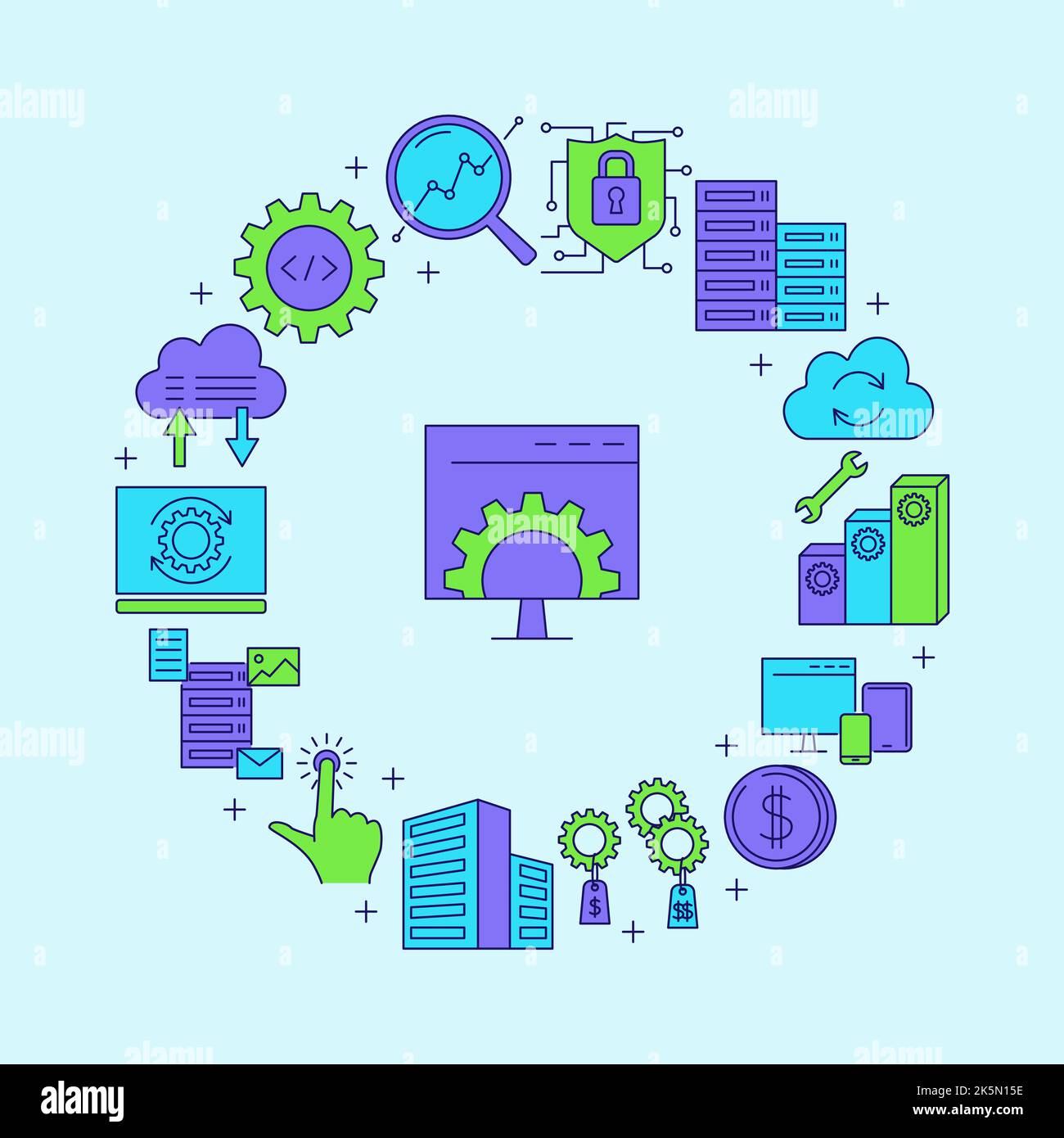 Computer software development round poster in colored line style ...