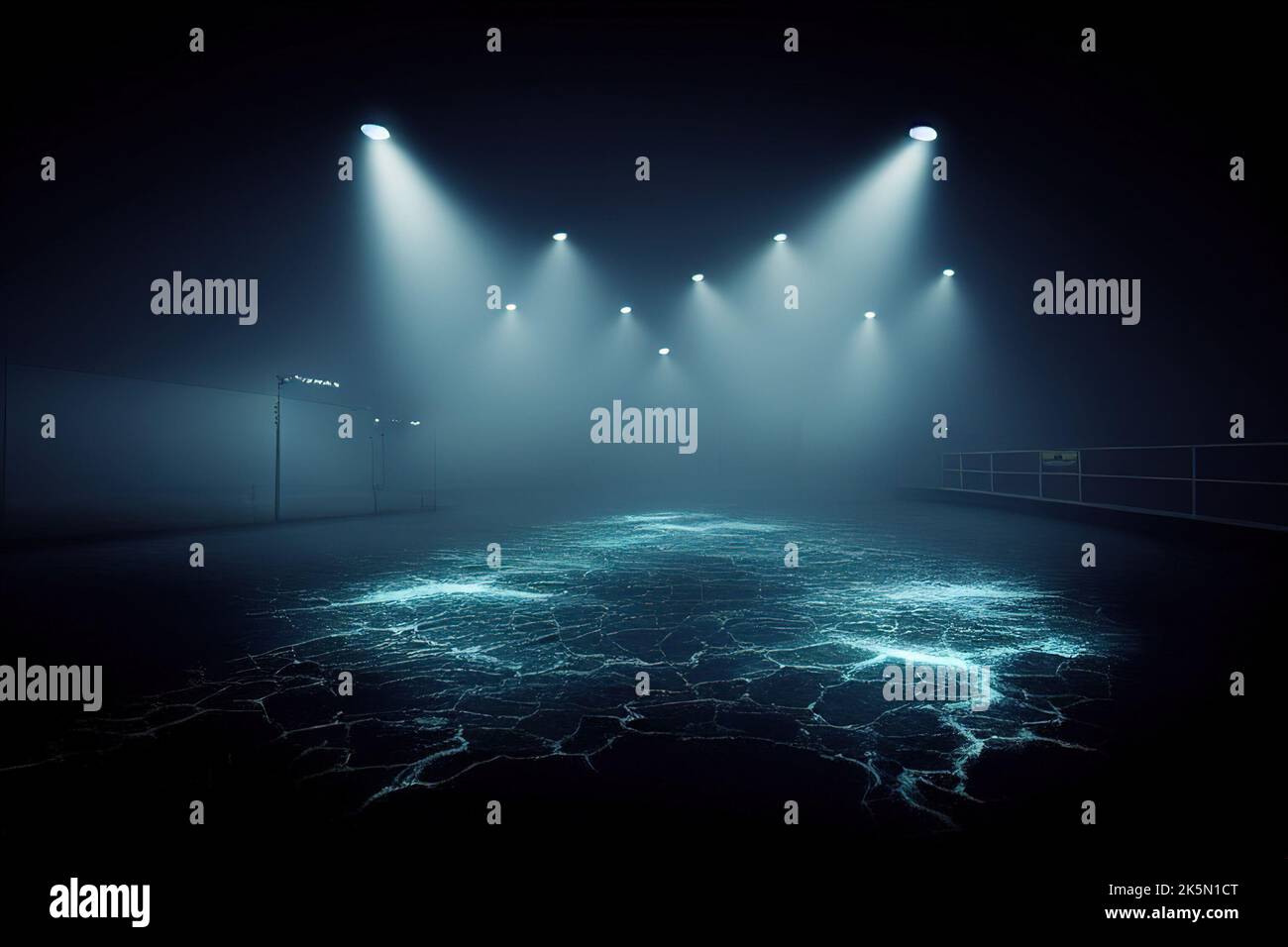 Dark asphalt spot lamp bulb neon blue light reflections of rays ...