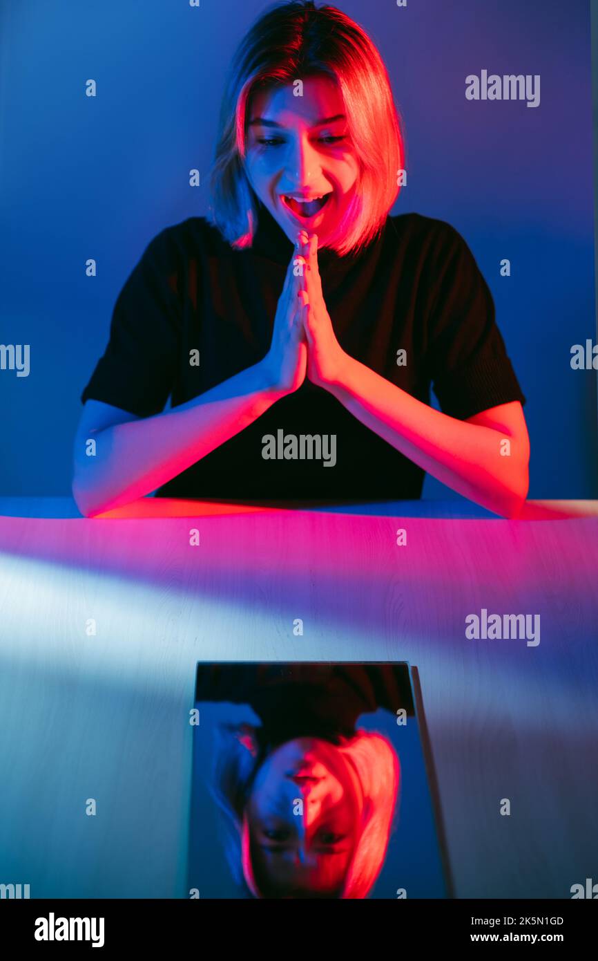 Happy sad woman mirror hi-res stock photography and images - Alamy