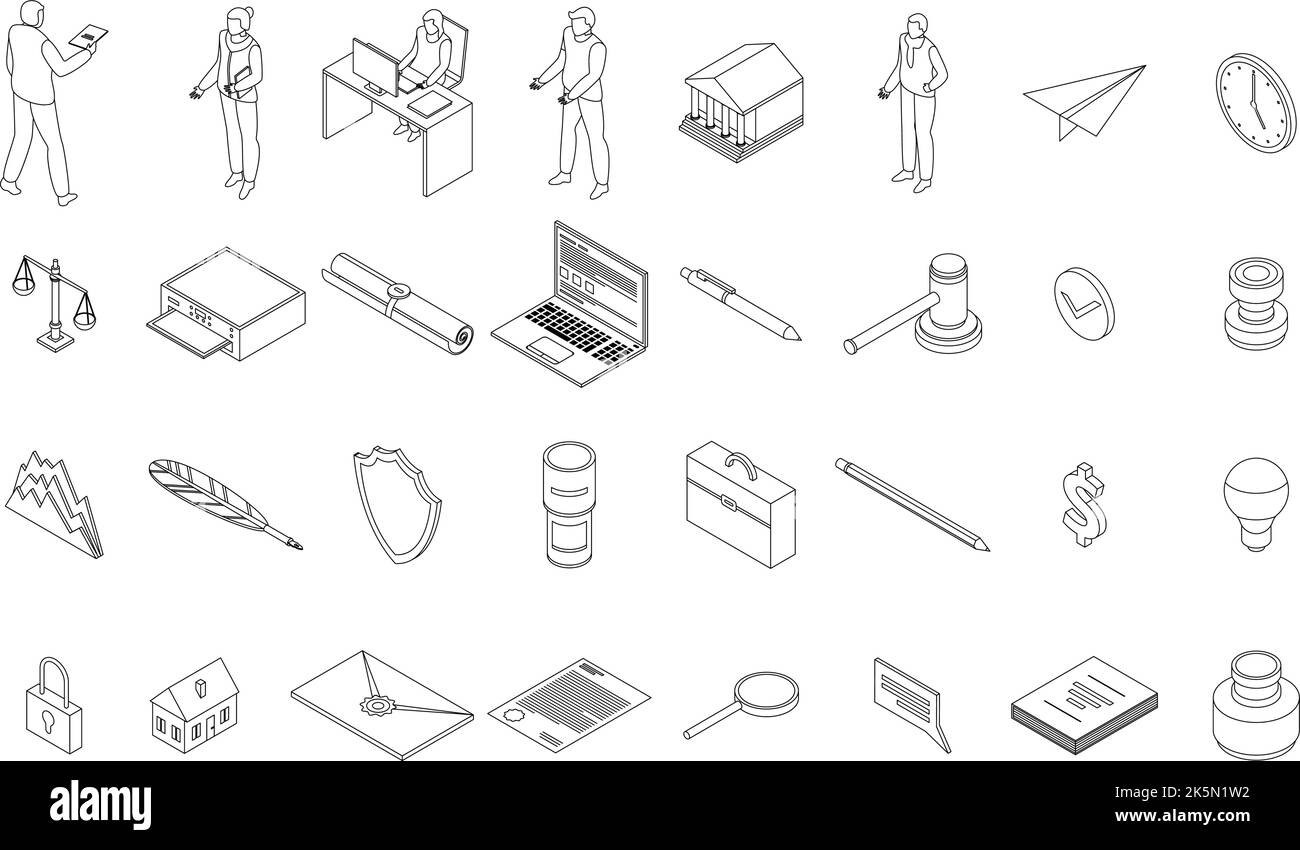 Notary icons set. Isometric set of notary vector icons outline thin lne isolated on white Stock ...