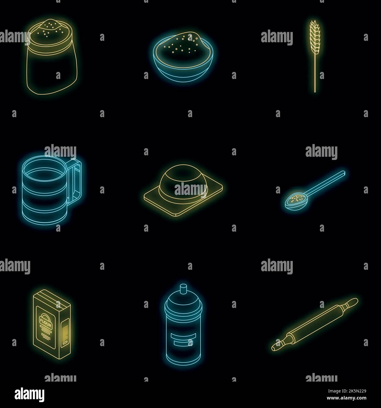 Flour icons set. Isometric set of flour vector icons neon color on ...