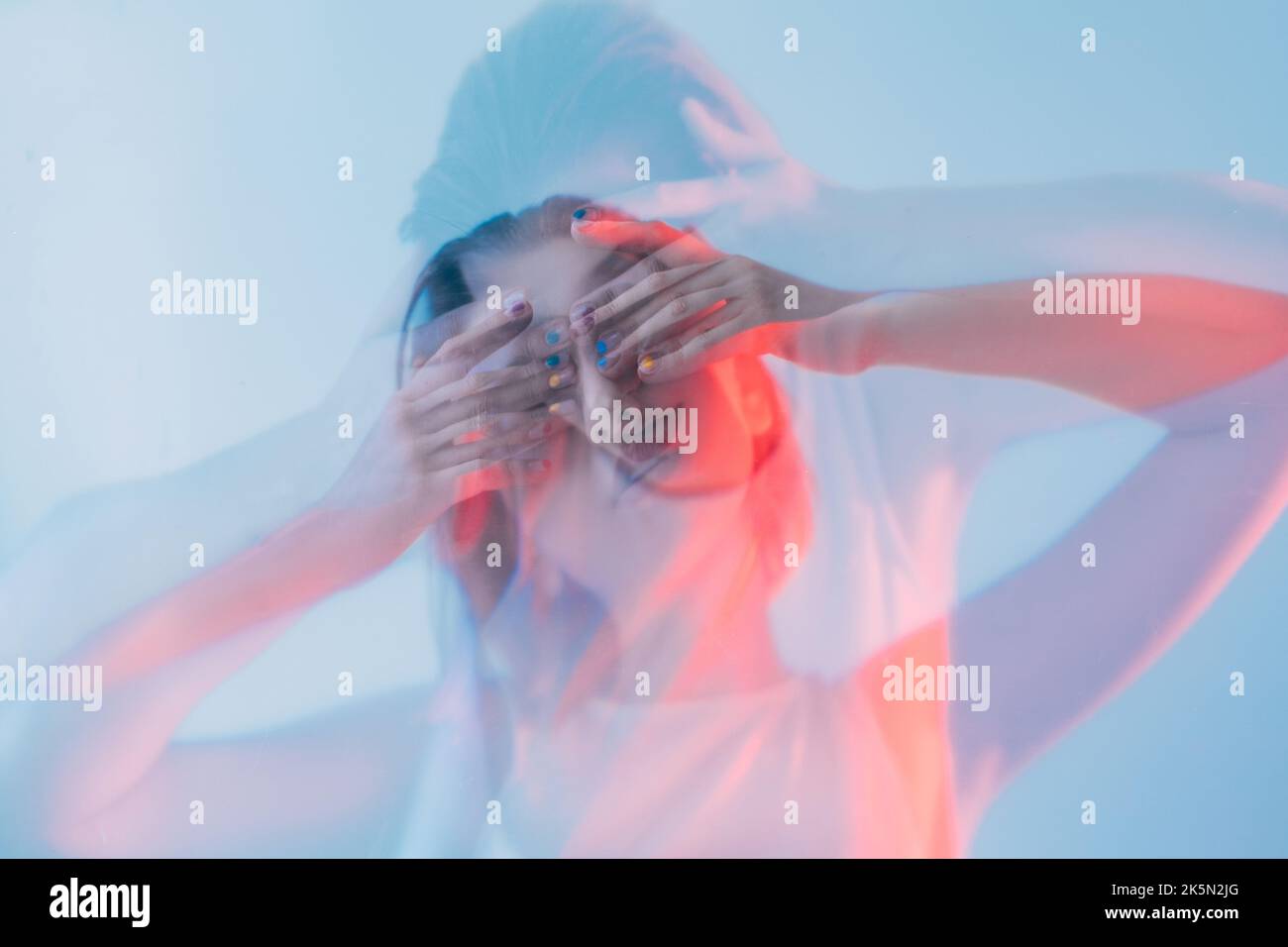 Female dream. Double exposure silhouette. Inner peace. Red neon color ...