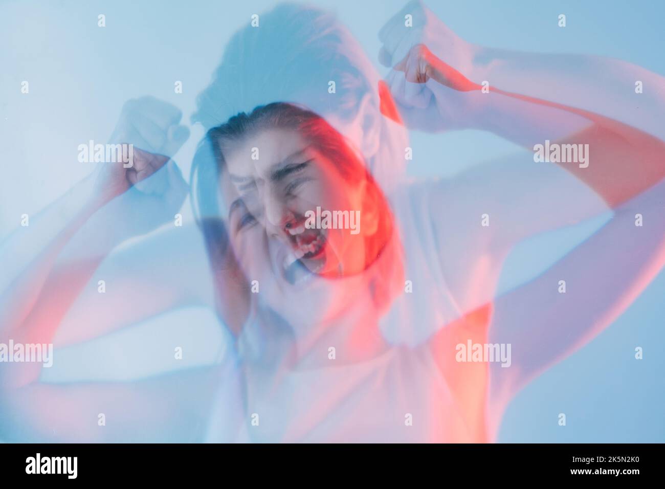 Nervous breakdown. Mental disorder. Anxiety anger. Double exposure blur ...