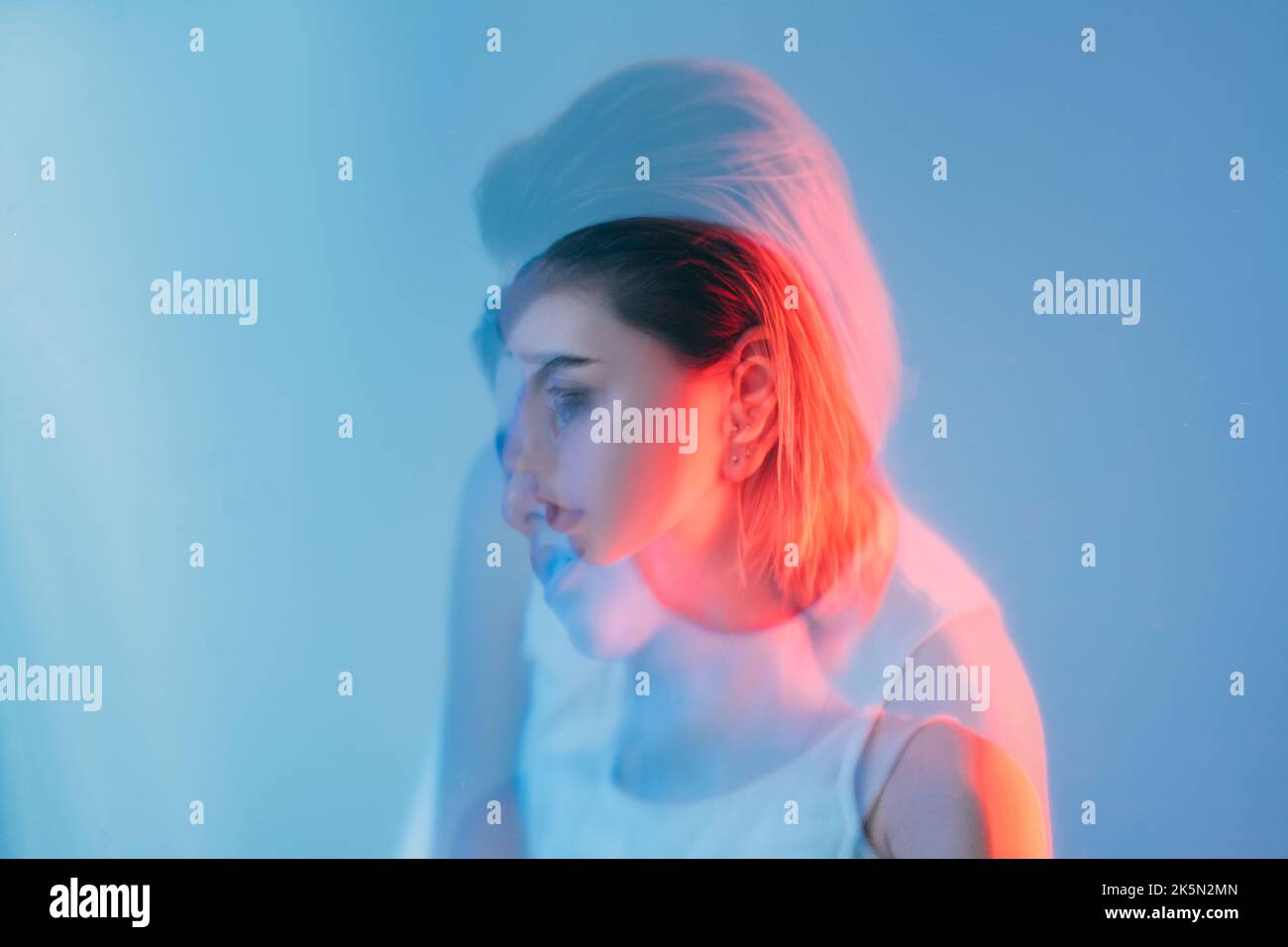 Double exposure portrait. Sensitive woman. Tenderness fragility. Red ...