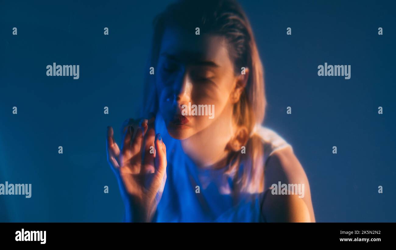 Sensitive woman. Art portrait. Loneliness melancholy. Double exposure ...