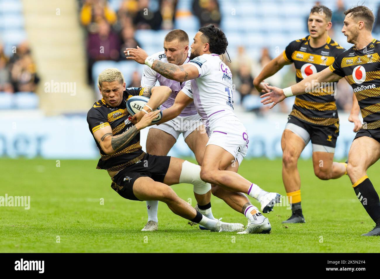 Jacob Umaga of Wasps Rugby is tackled during the Gallagher Premiership ...