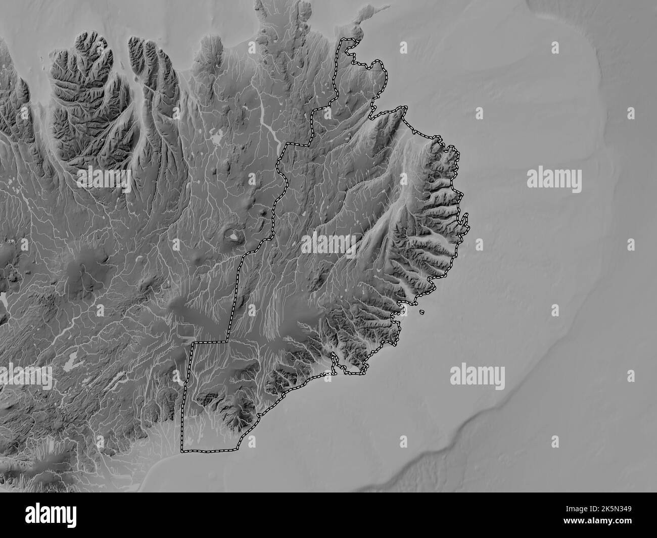 Austurland, region of Iceland. Grayscale elevation map with lakes and ...