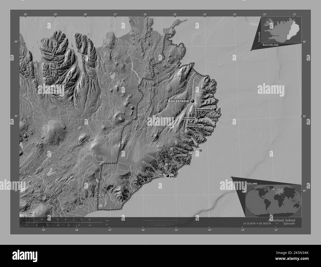 Austurland, region of Iceland. Bilevel elevation map with lakes and ...
