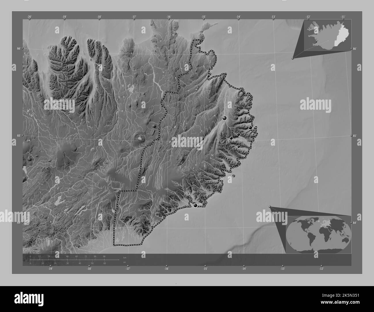 Austurland, region of Iceland. Grayscale elevation map with lakes and ...