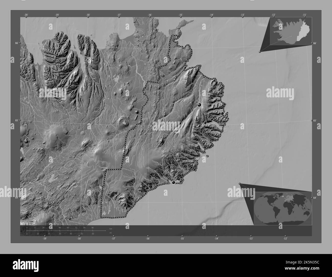 Austurland, region of Iceland. Bilevel elevation map with lakes and ...