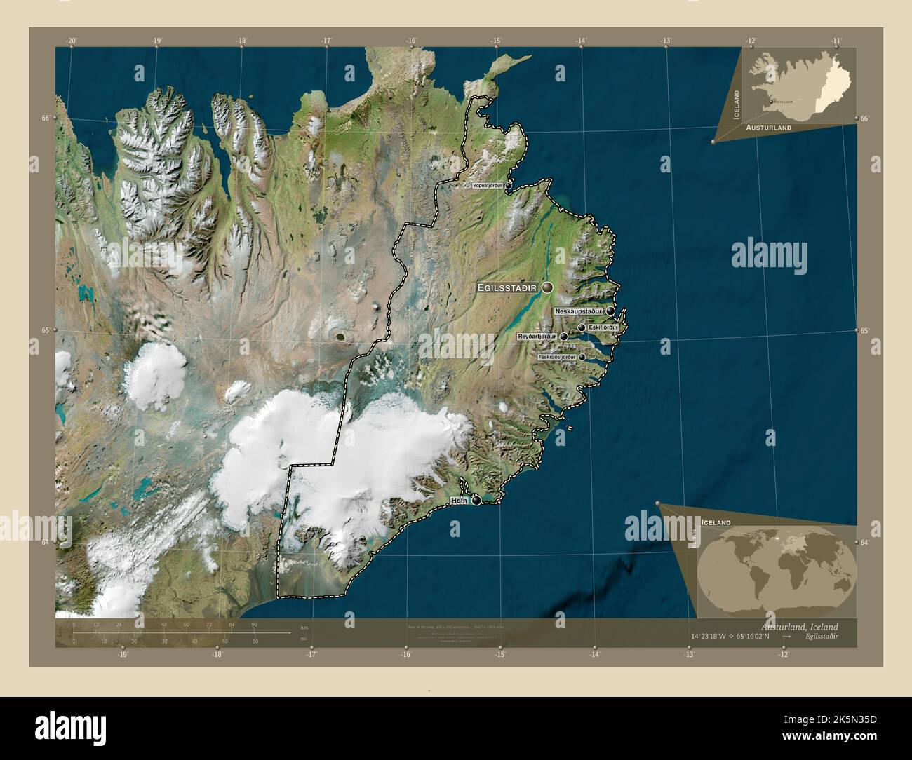 Austurland, region of Iceland. High resolution satellite map. Locations ...