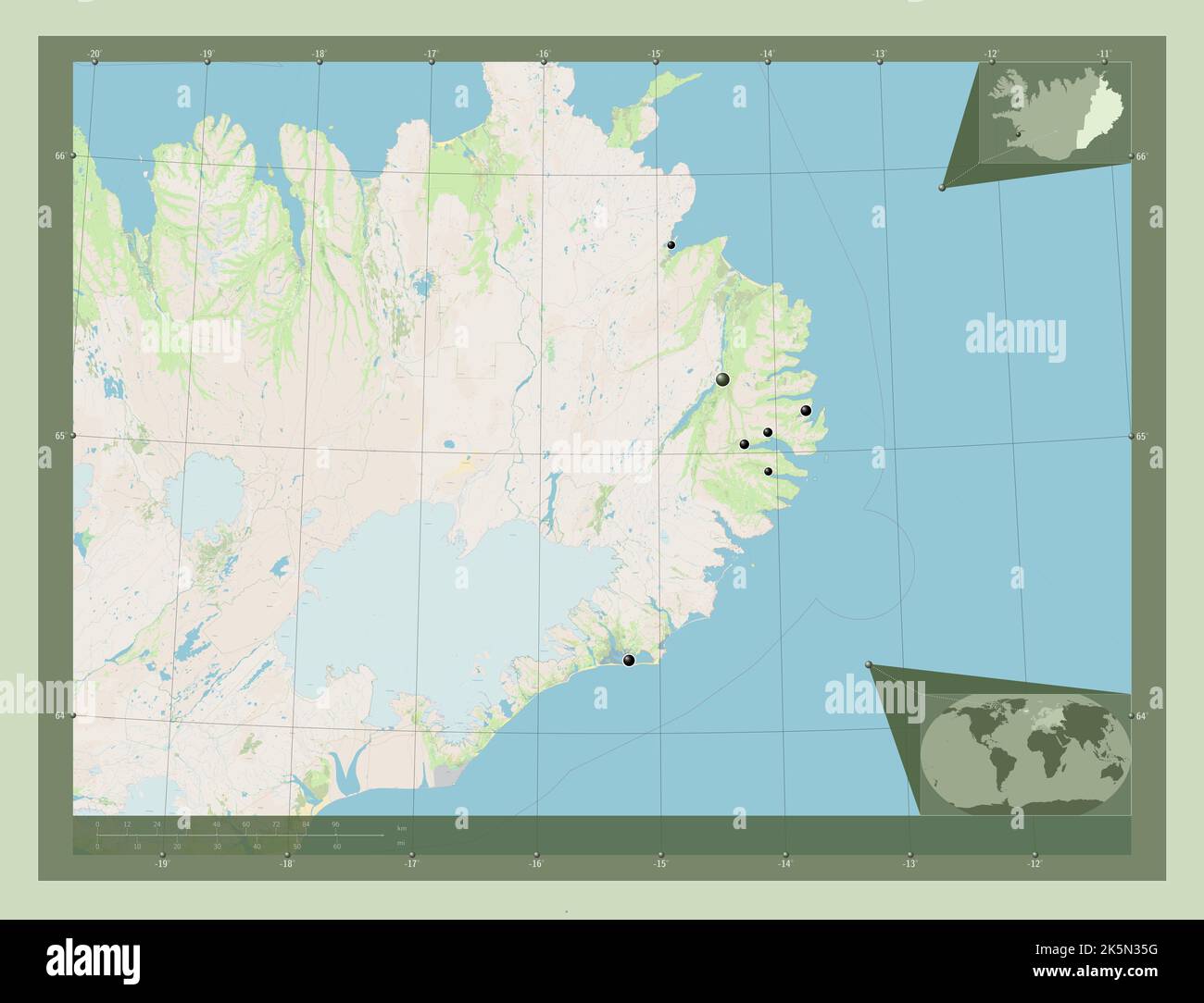 Austurland, region of Iceland. Open Street Map. Locations of major cities of the region. Corner ...