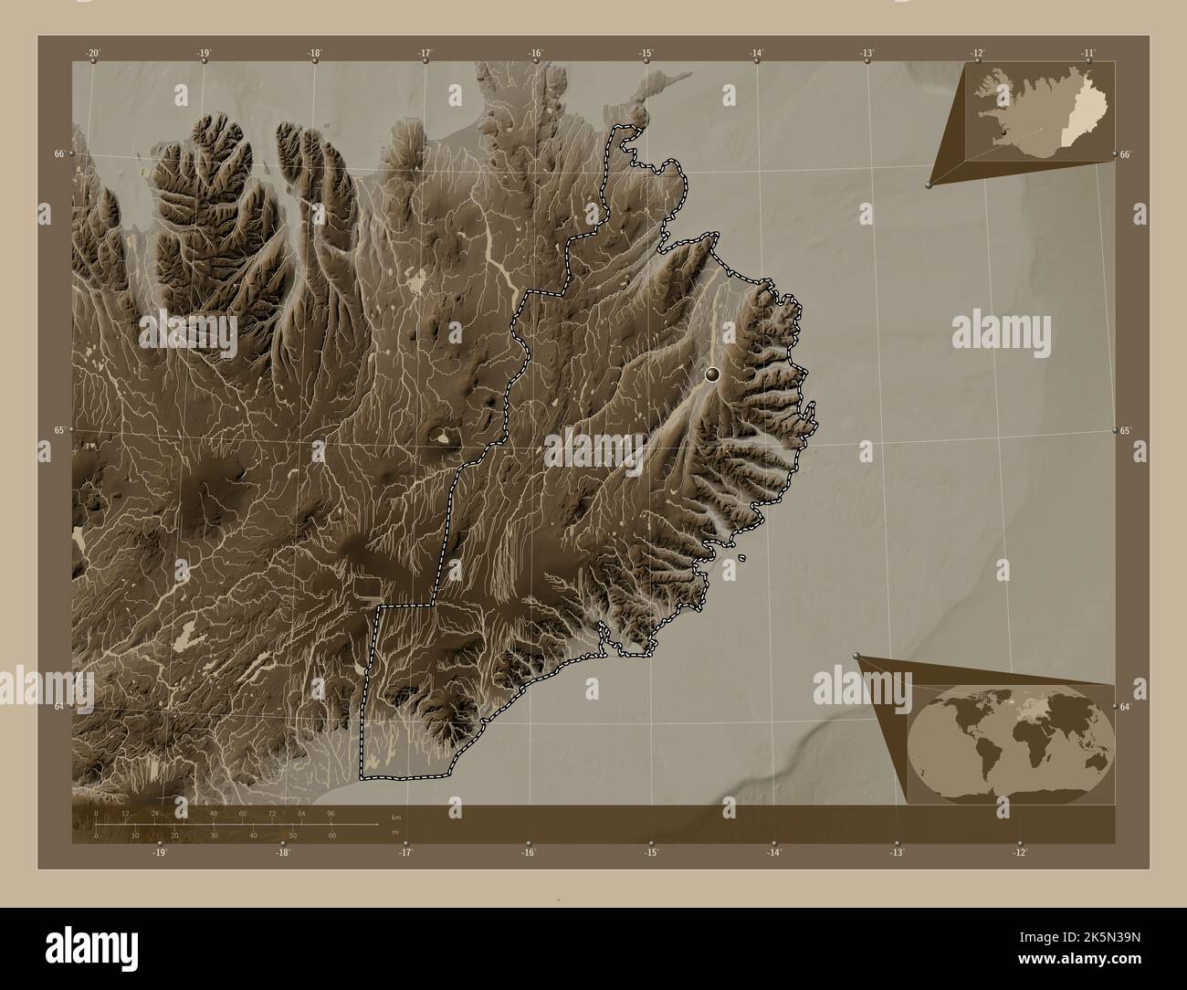 Austurland, region of Iceland. Elevation map colored in sepia tones ...