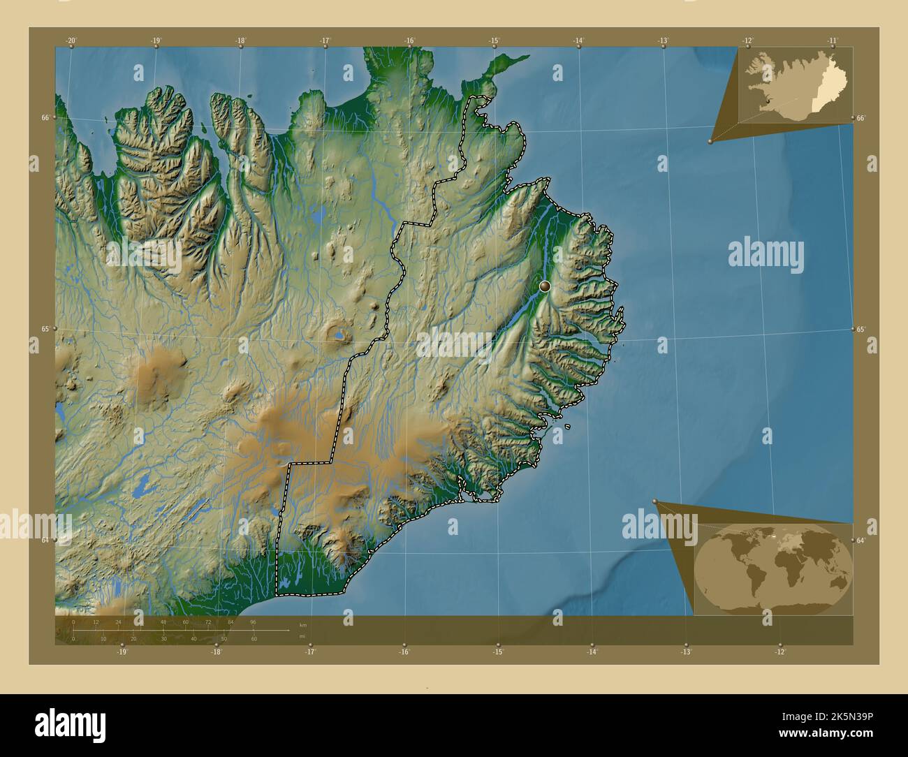 Austurland, region of Iceland. Colored elevation map with lakes and ...