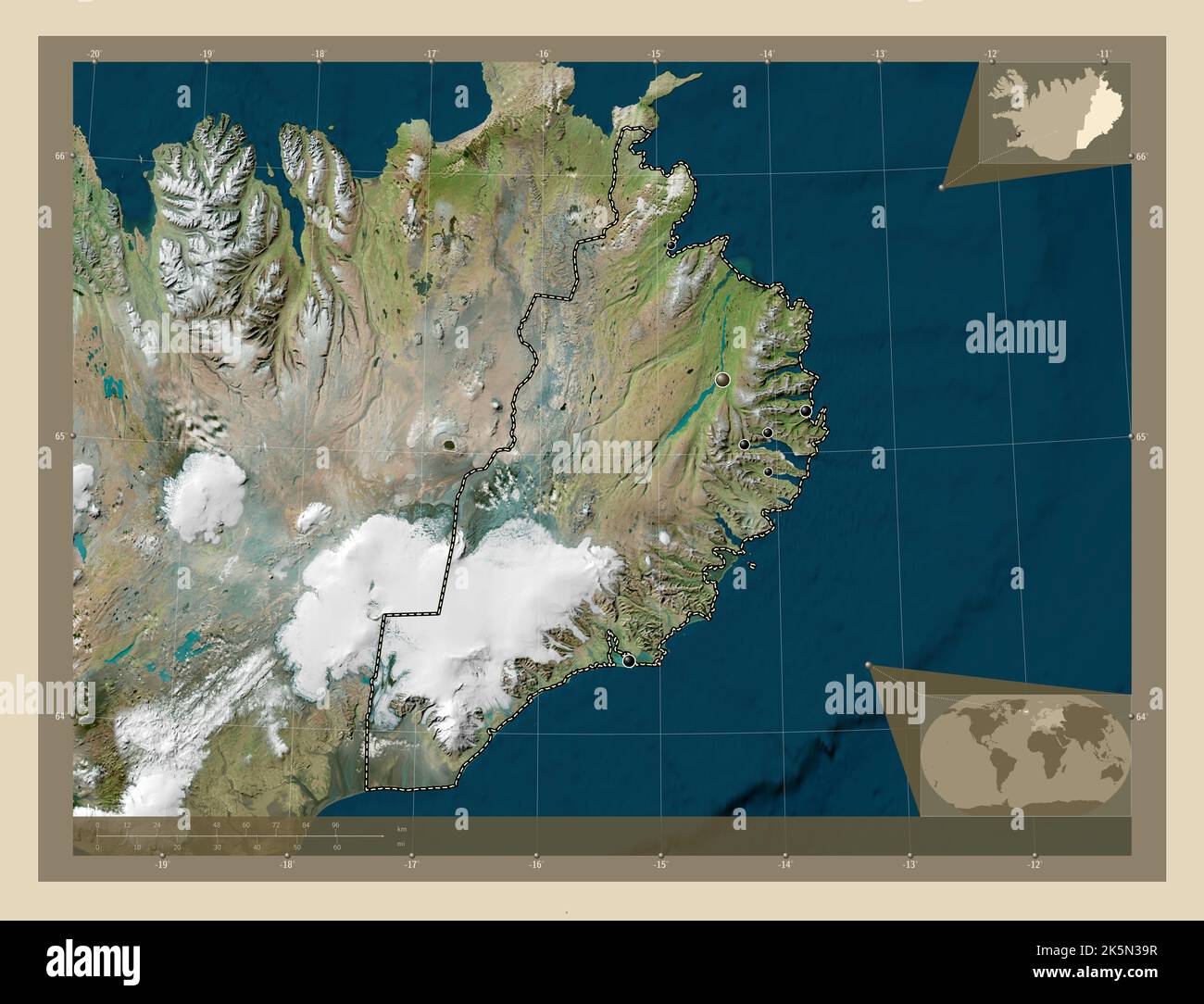 Austurland, region of Iceland. High resolution satellite map. Locations ...