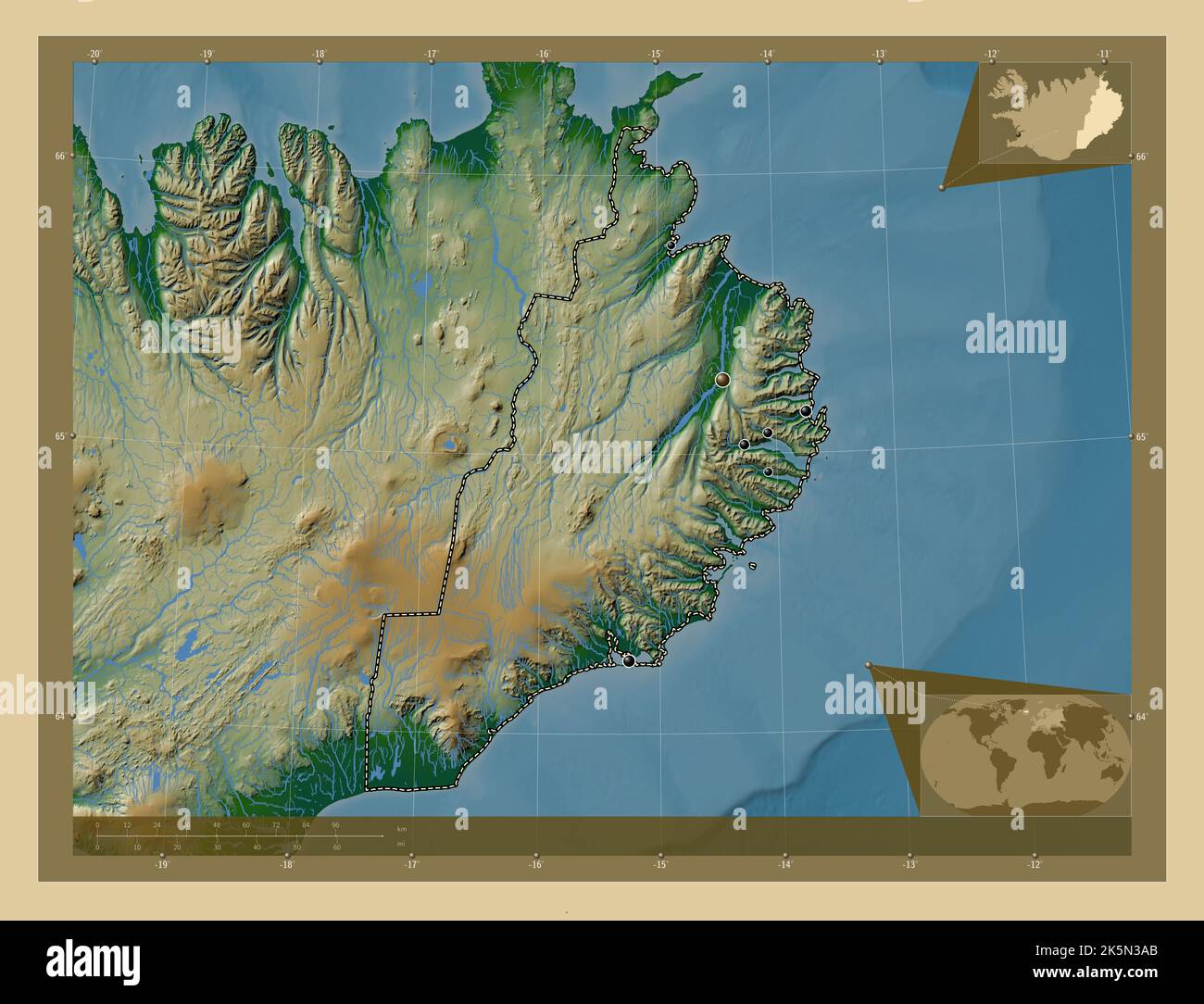 Austurland, region of Iceland. Colored elevation map with lakes and rivers. Locations of major ...