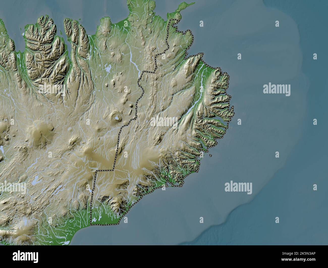 Austurland, region of Iceland. Elevation map colored in wiki style with lakes and rivers Stock ...