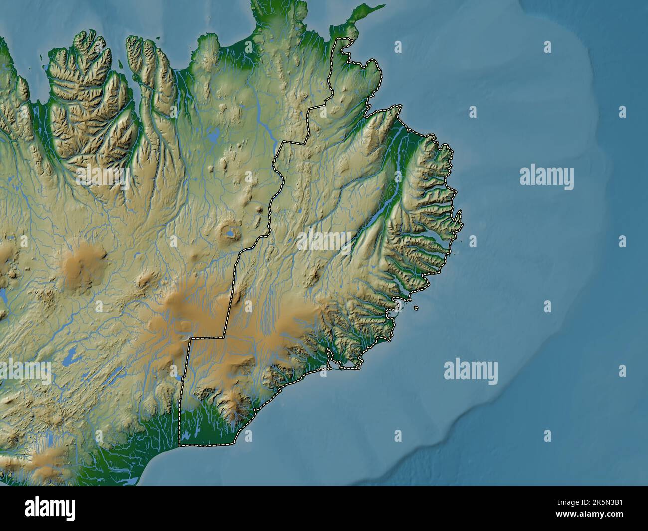 Austurland, region of Iceland. Colored elevation map with lakes and ...