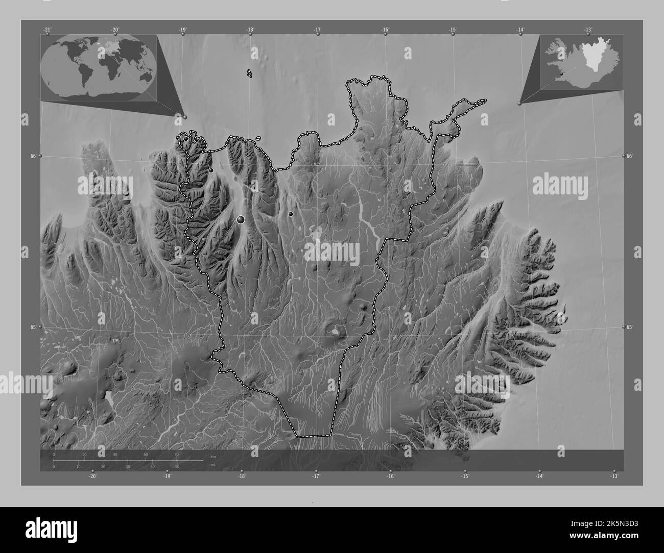 Halshreppur, region of Iceland. Grayscale elevation map with lakes and ...
