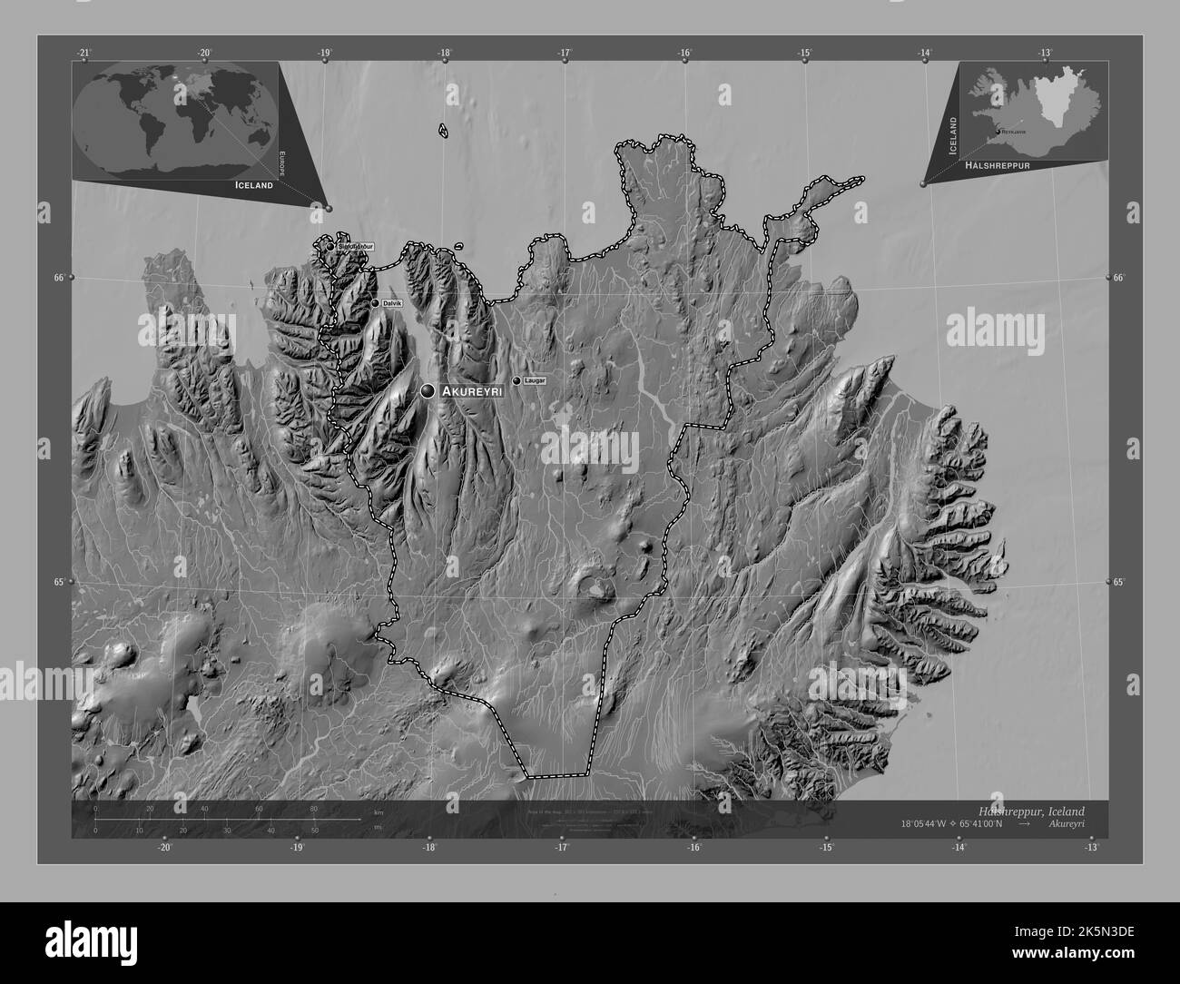 Halshreppur, region of Iceland. Bilevel elevation map with lakes and ...
