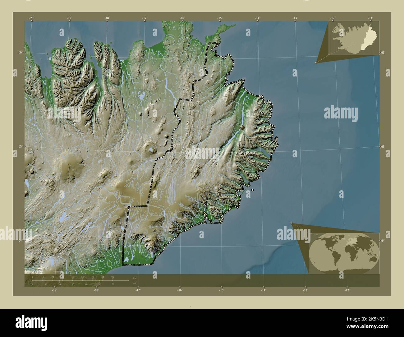 Austurland, region of Iceland. Elevation map colored in wiki style with lakes and rivers. Corner ...