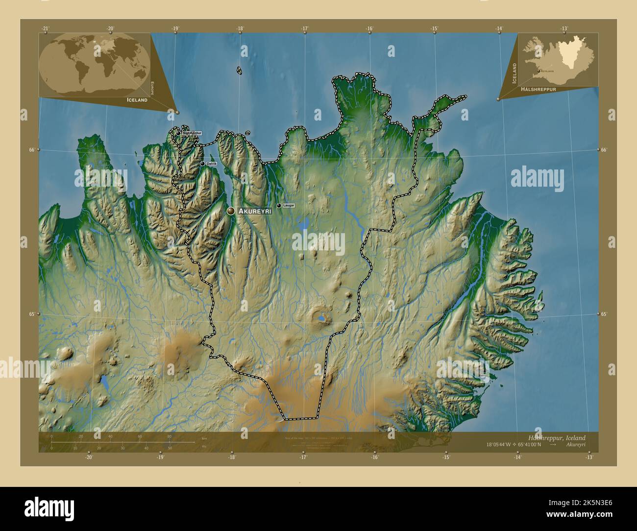 Halshreppur, region of Iceland. Colored elevation map with lakes and ...