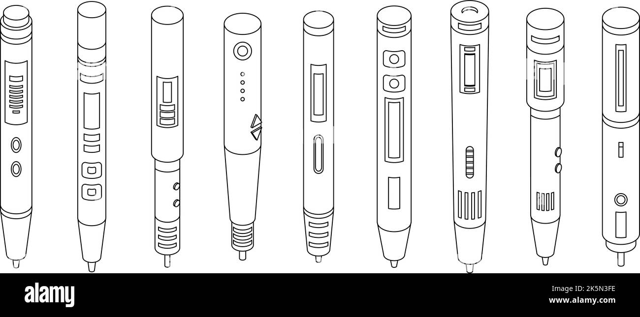 3d pen icons set. Isometric set of 3d pen vector icons outline thin lne ...