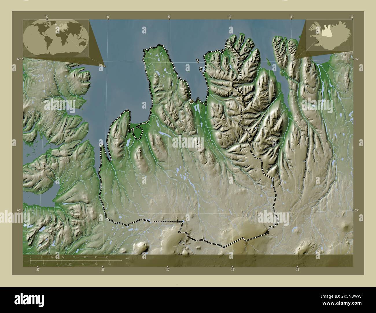 Norurland vestra, region of Iceland. Elevation map colored in wiki style with lakes and rivers ...