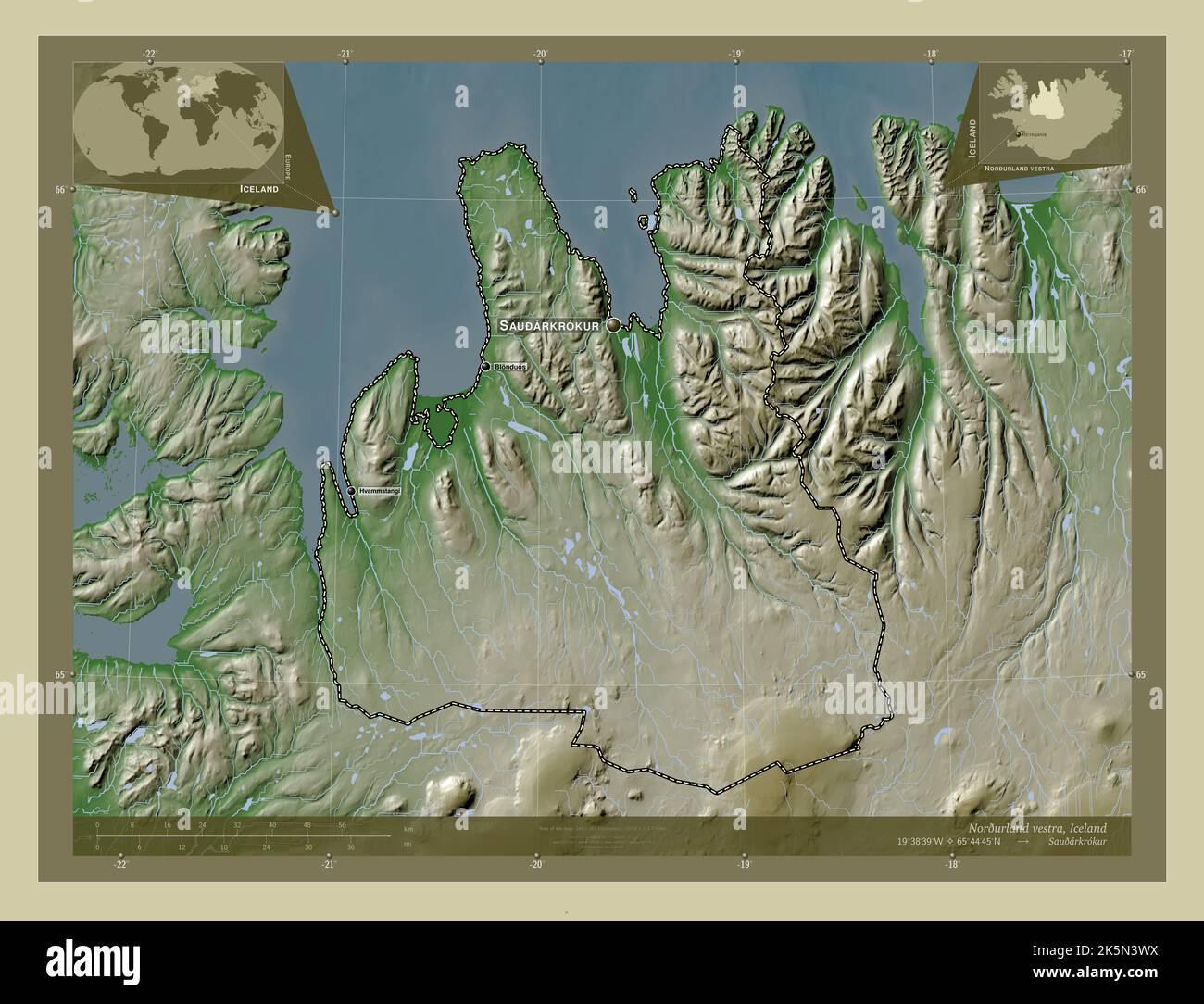 Norurland vestra, region of Iceland. Elevation map colored in wiki ...