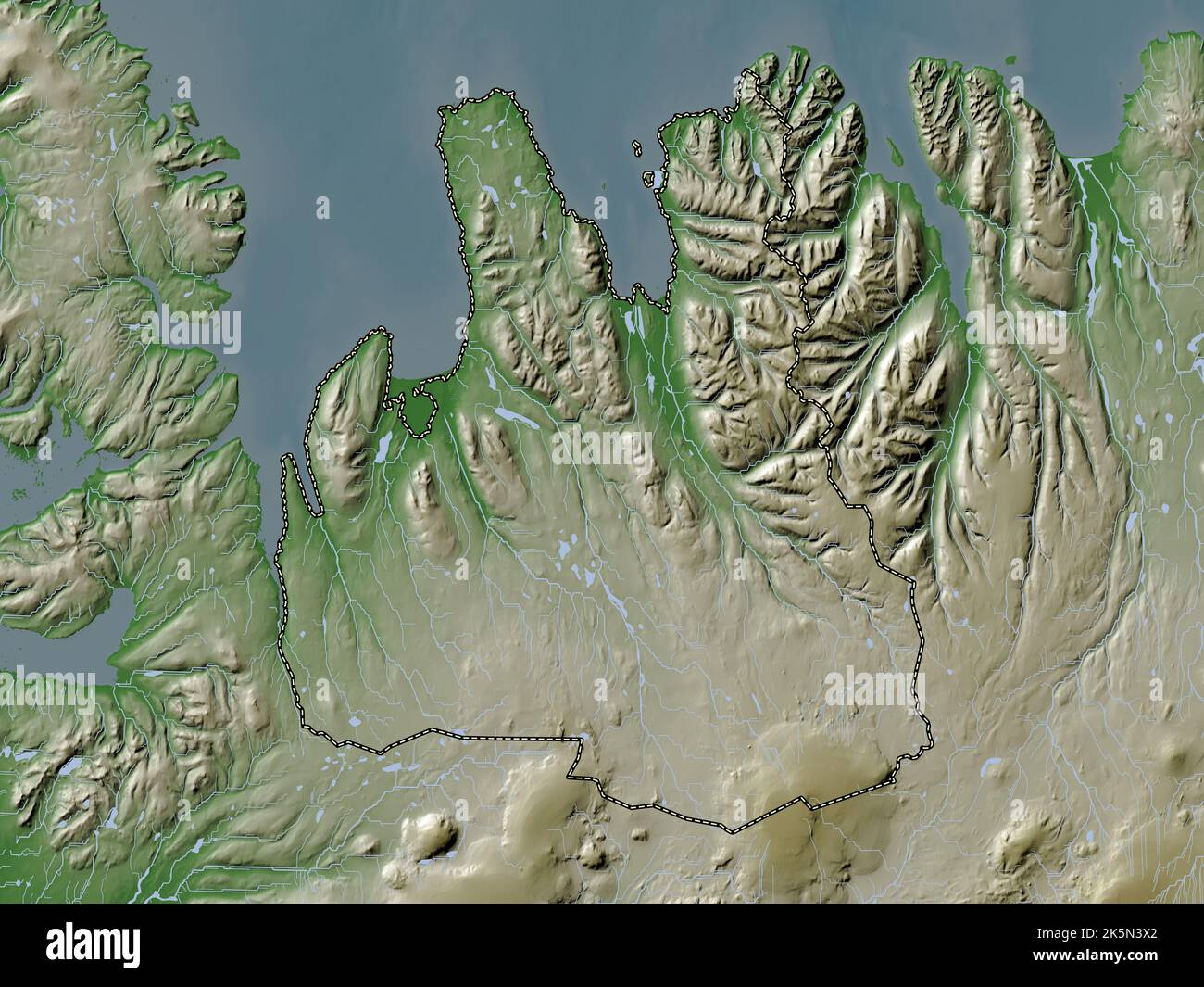 Norurland vestra, region of Iceland. Elevation map colored in wiki style with lakes and rivers ...