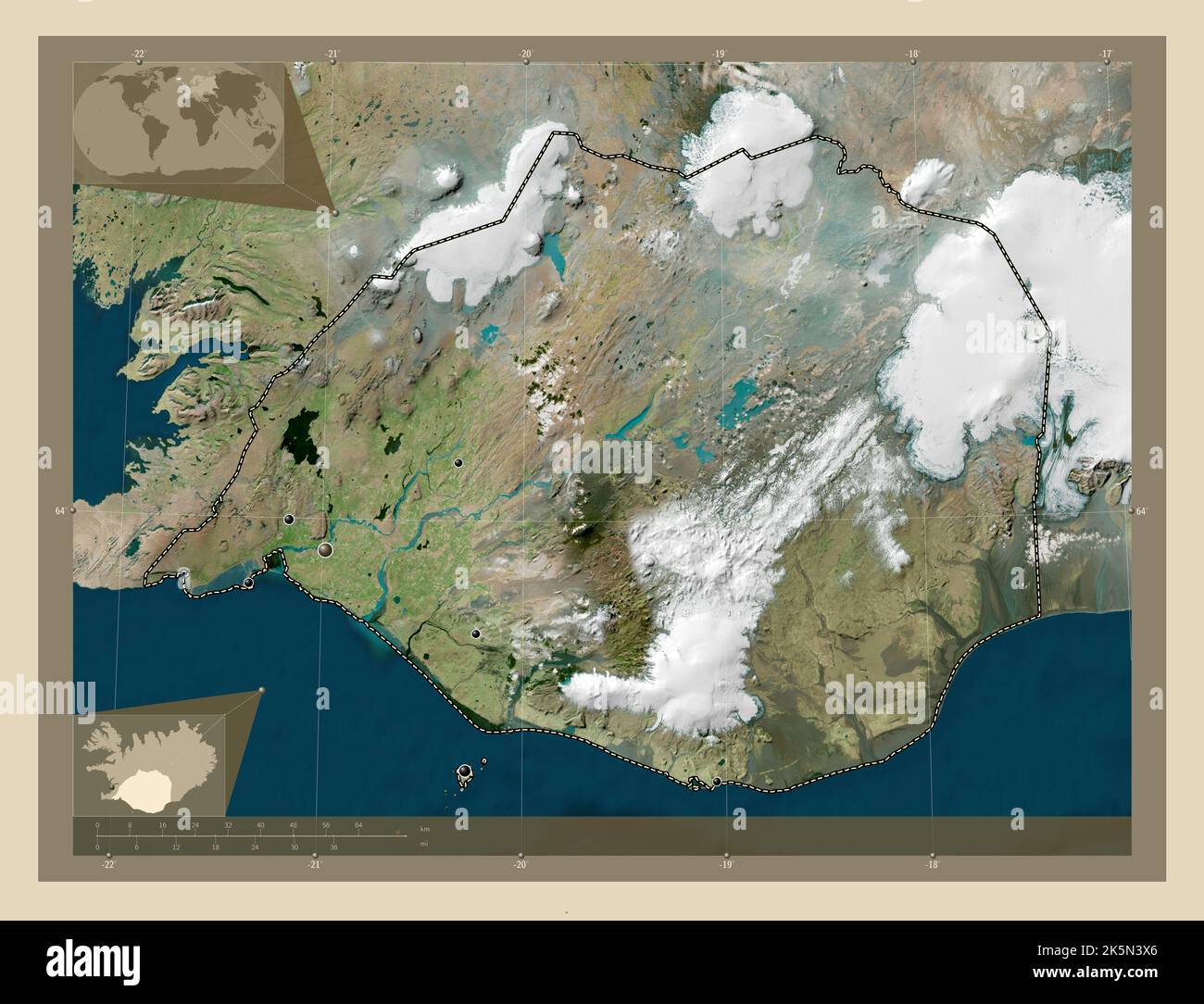 Suurland, region of Iceland. High resolution satellite map. Locations ...