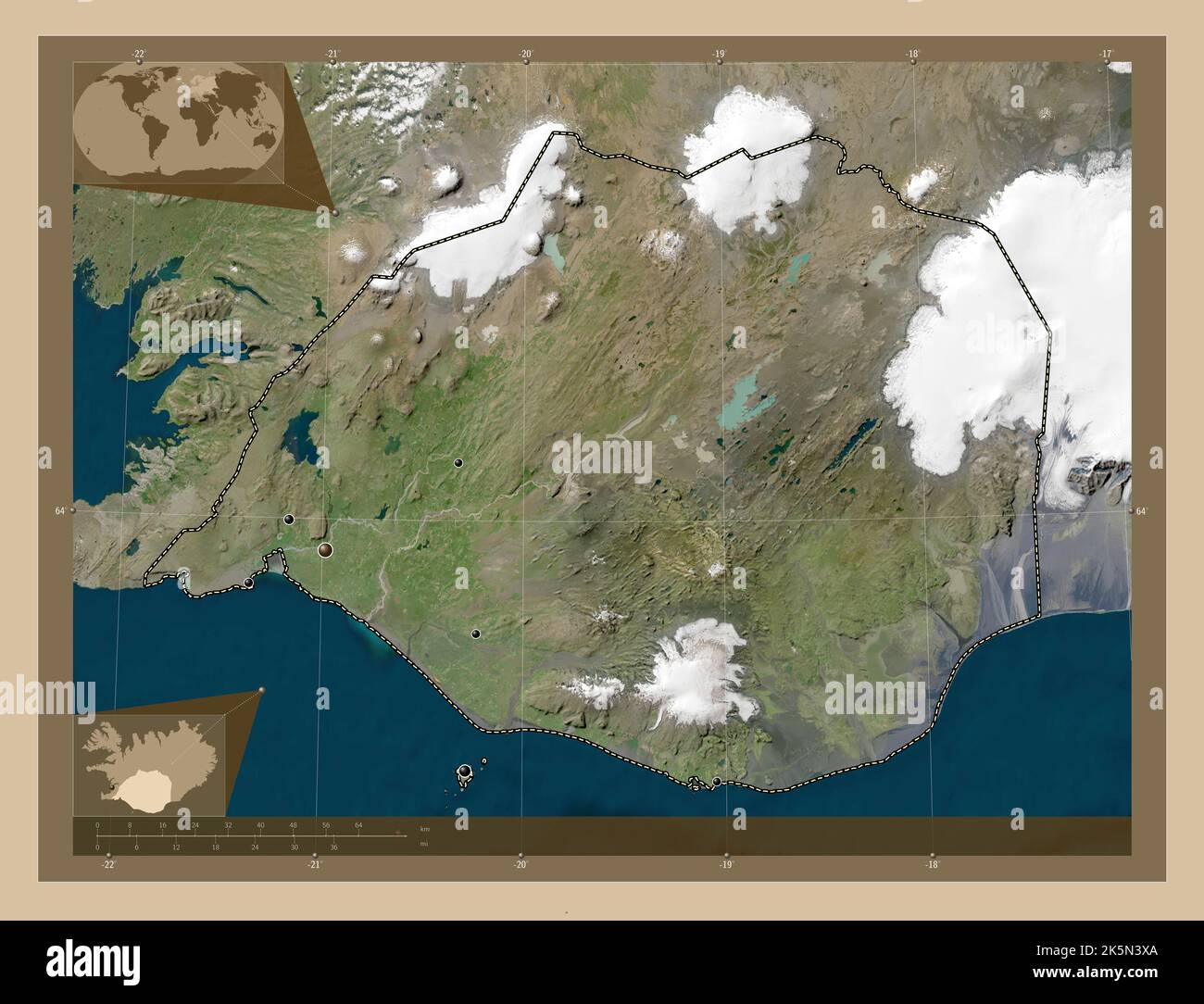 Suurland, region of Iceland. Low resolution satellite map. Locations of ...