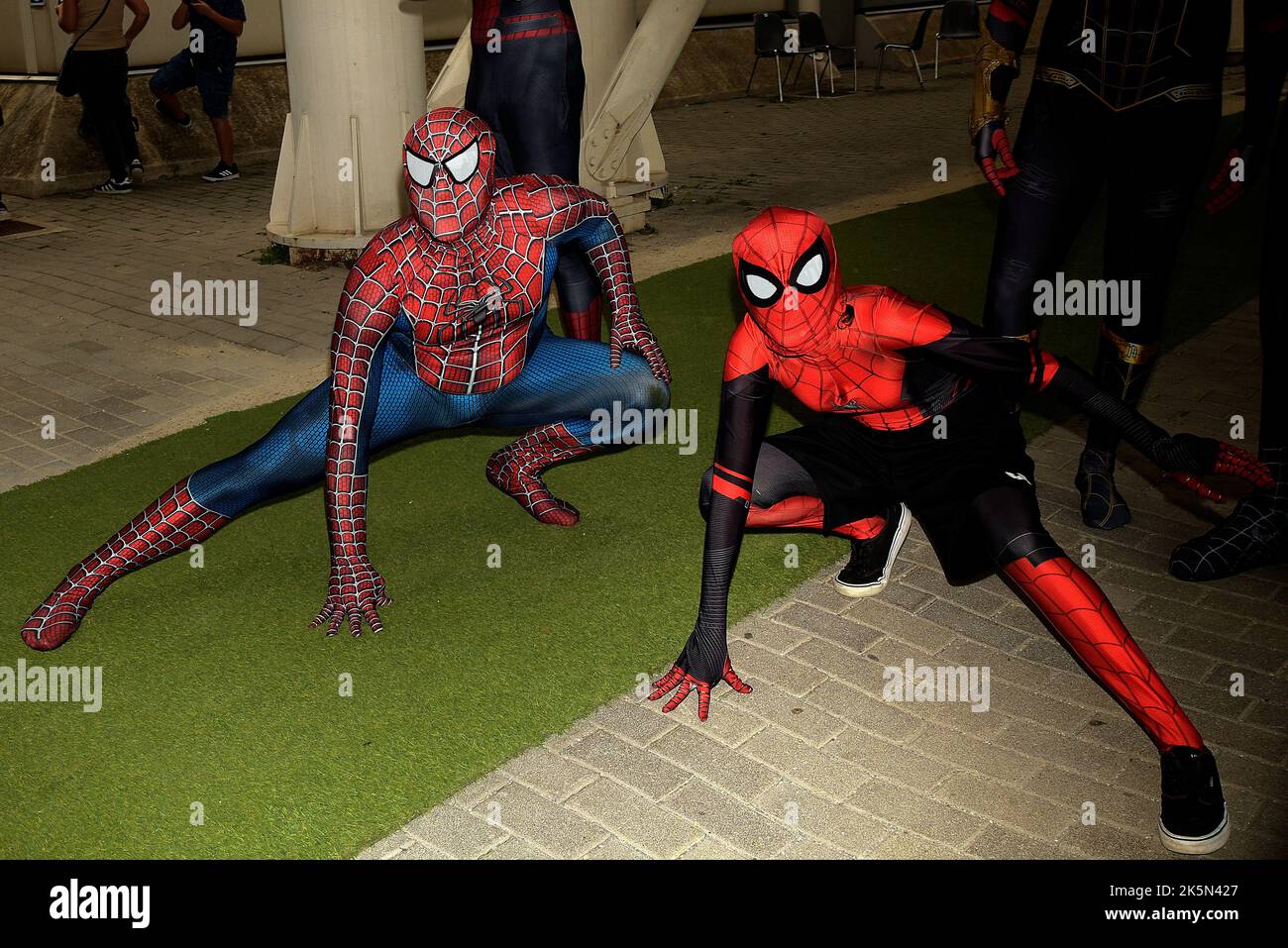 Spiderman cosplayers pose during the 29th edition of Romics, an ...