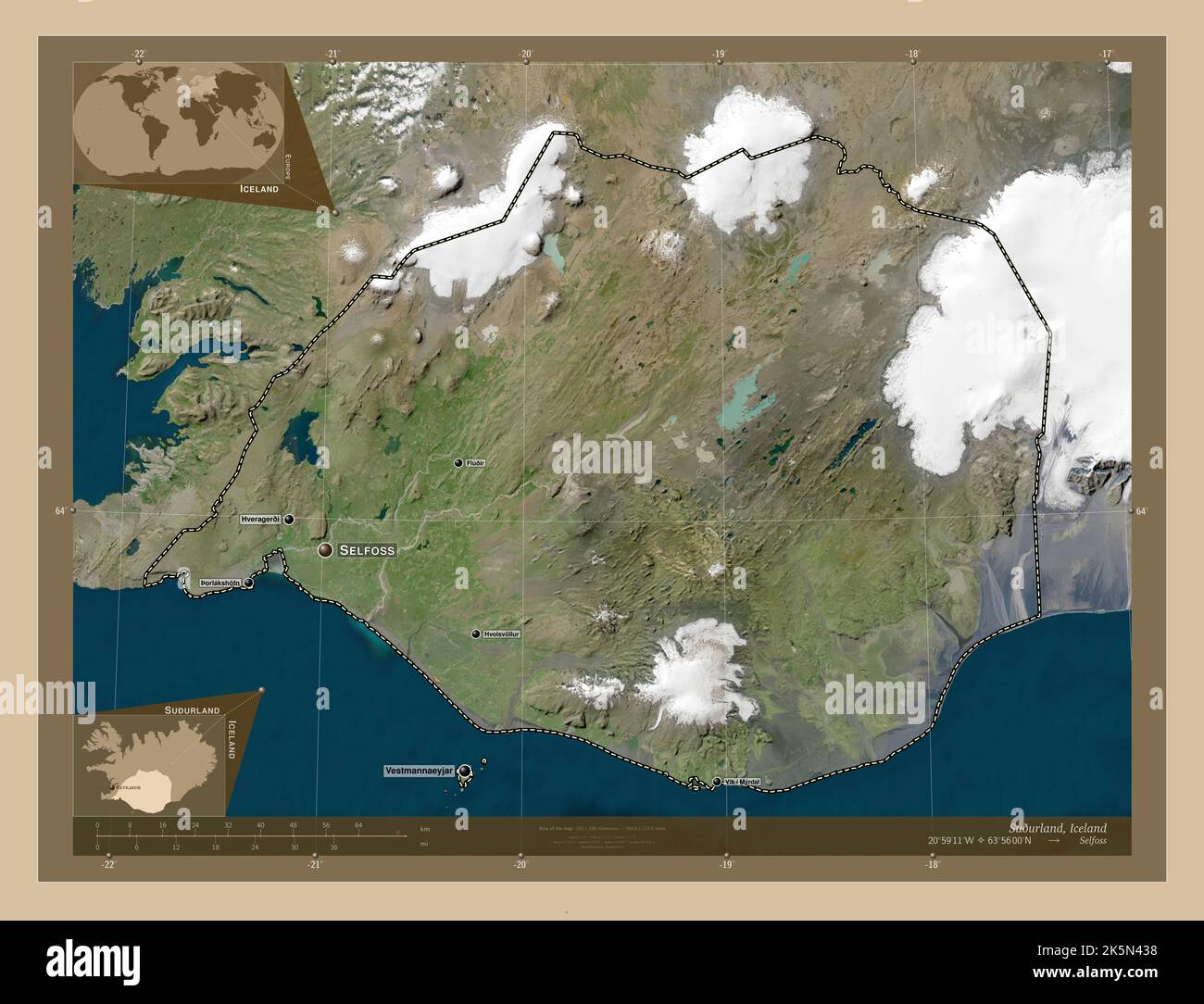 Suurland, region of Iceland. Low resolution satellite map. Locations ...