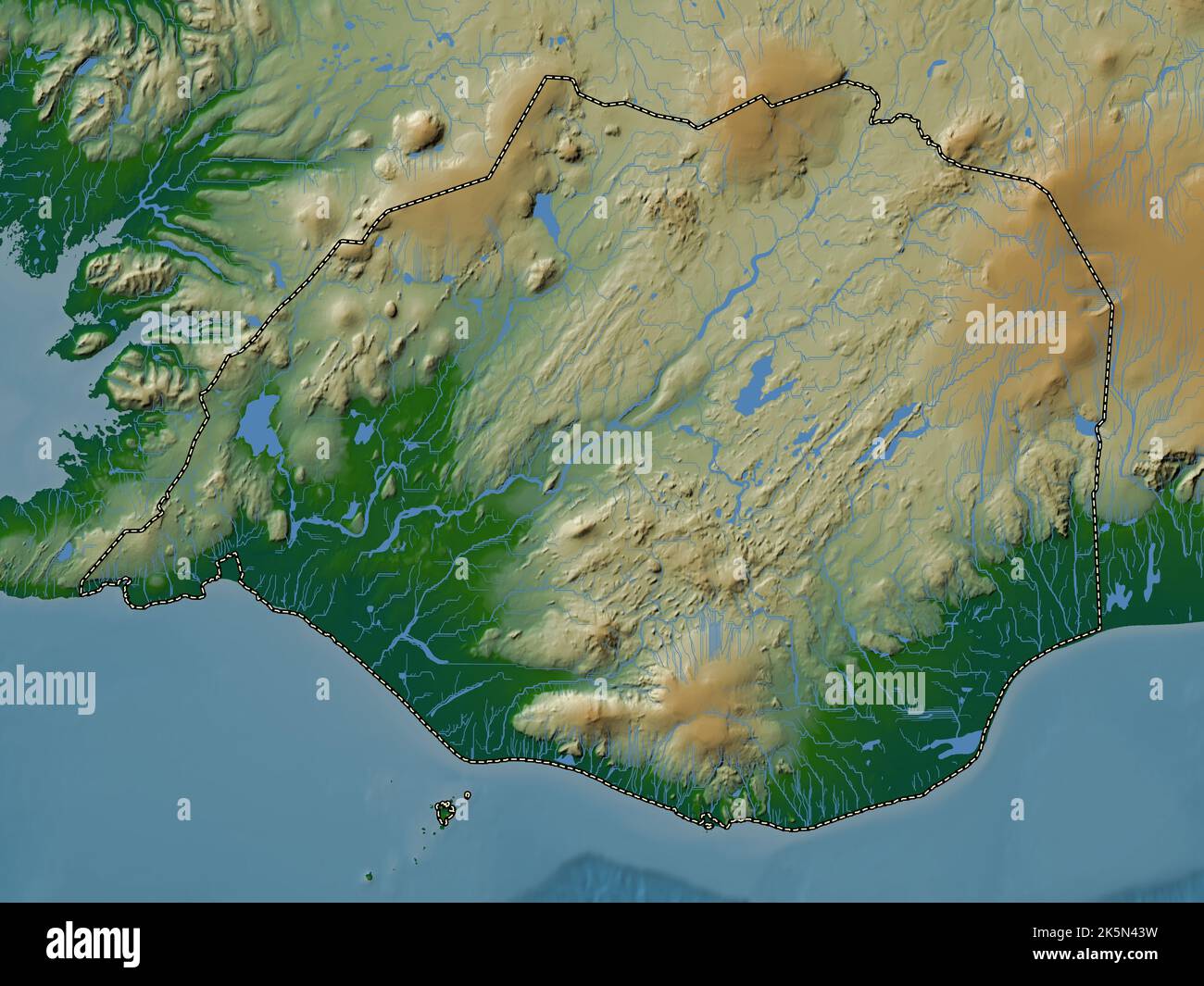 Suurland, region of Iceland. Colored elevation map with lakes and ...