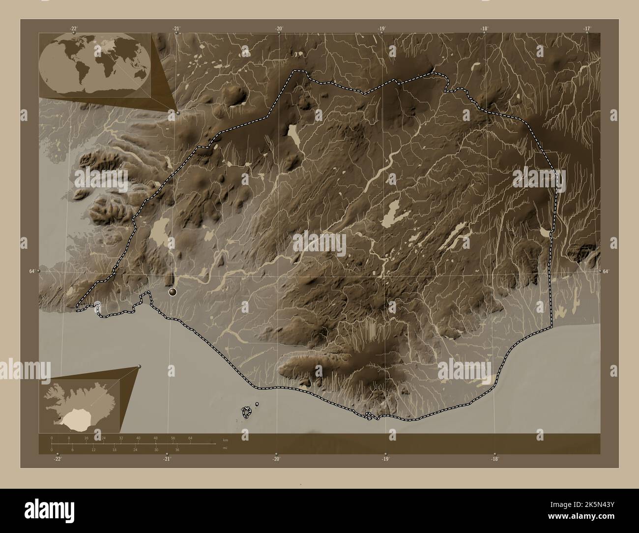 Suurland, region of Iceland. Elevation map colored in sepia tones with ...
