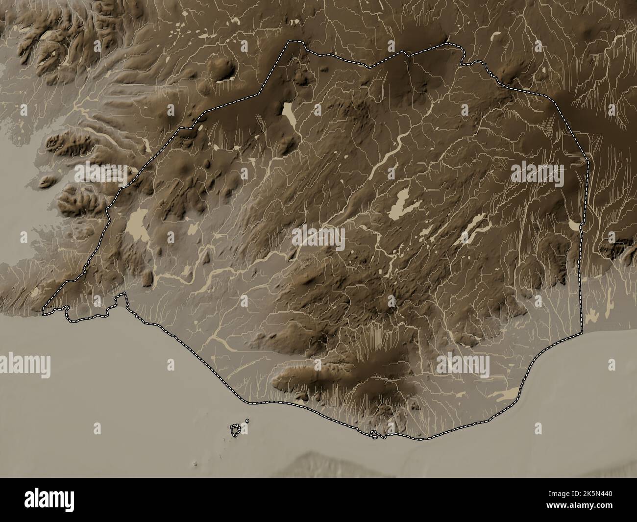 Suurland, region of Iceland. Elevation map colored in sepia tones with ...