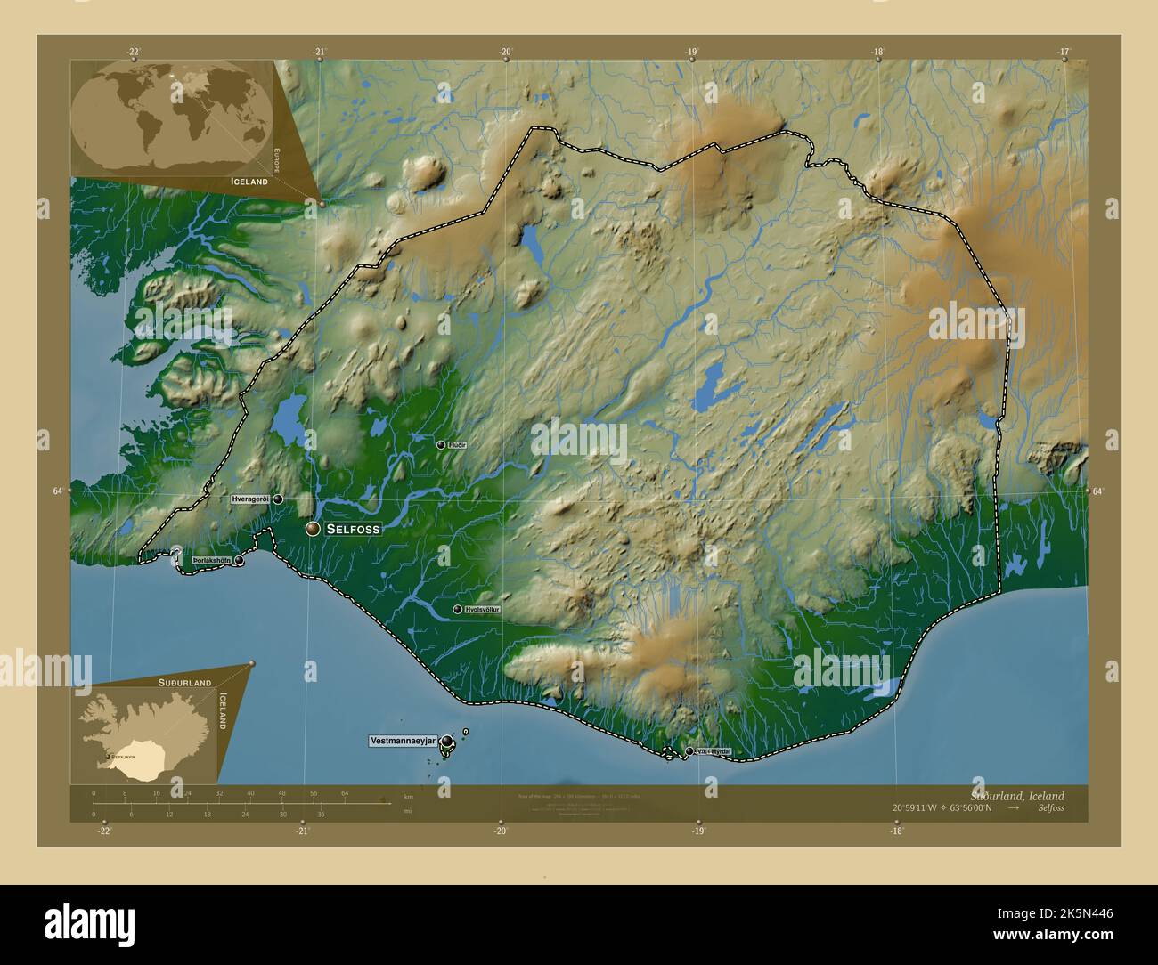 Suurland, region of Iceland. Colored elevation map with lakes and ...